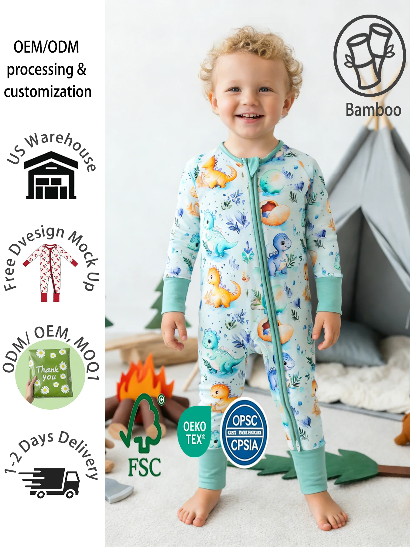 Bamboo Fiber Baby Dinosaur Egg Print Zipper Jumpsuit with Foldable Foot ...