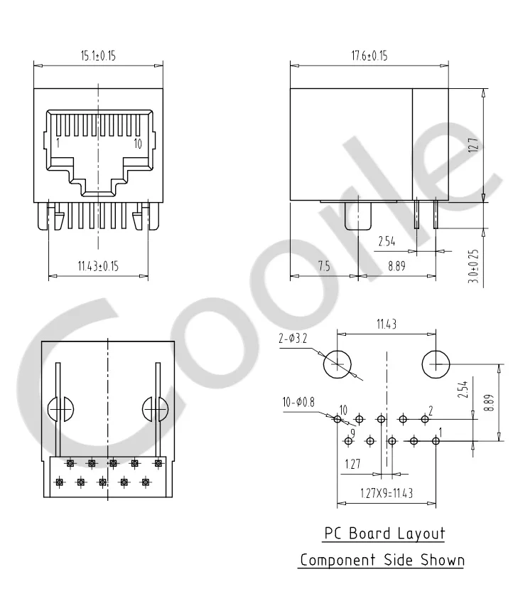 5621 Side Entry Latch down RJ50 Female Modular Jack DIP