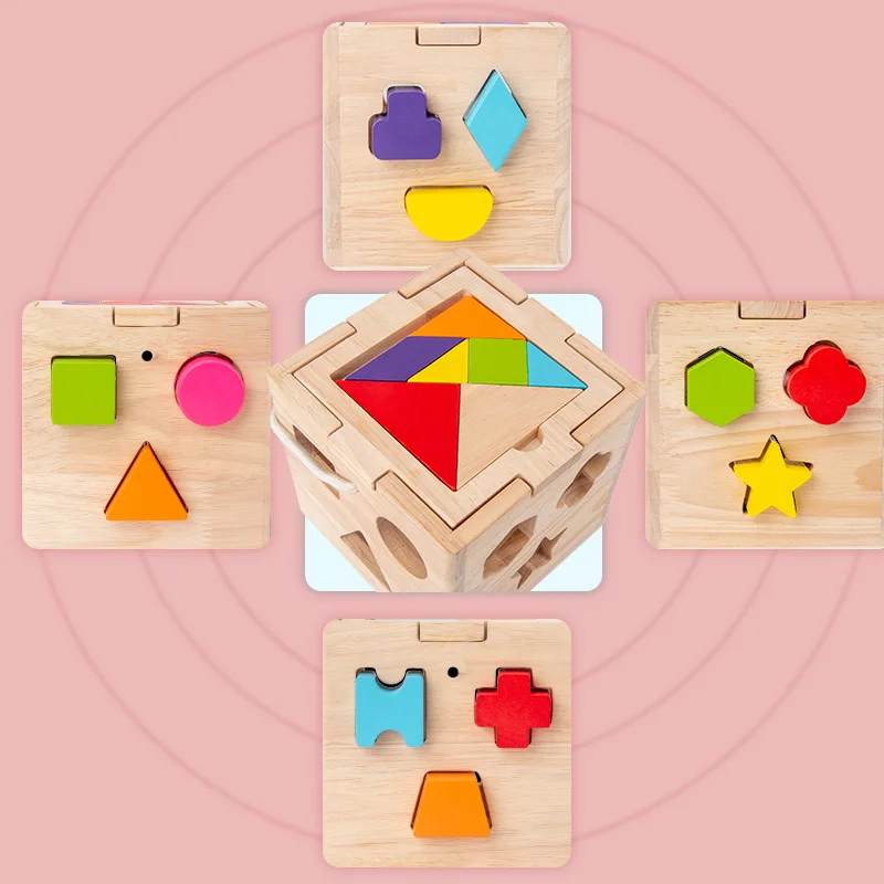 Pt Custom Wooden Geometric Shapes Puzzle Baby Wooden Toys Activity Cube ...