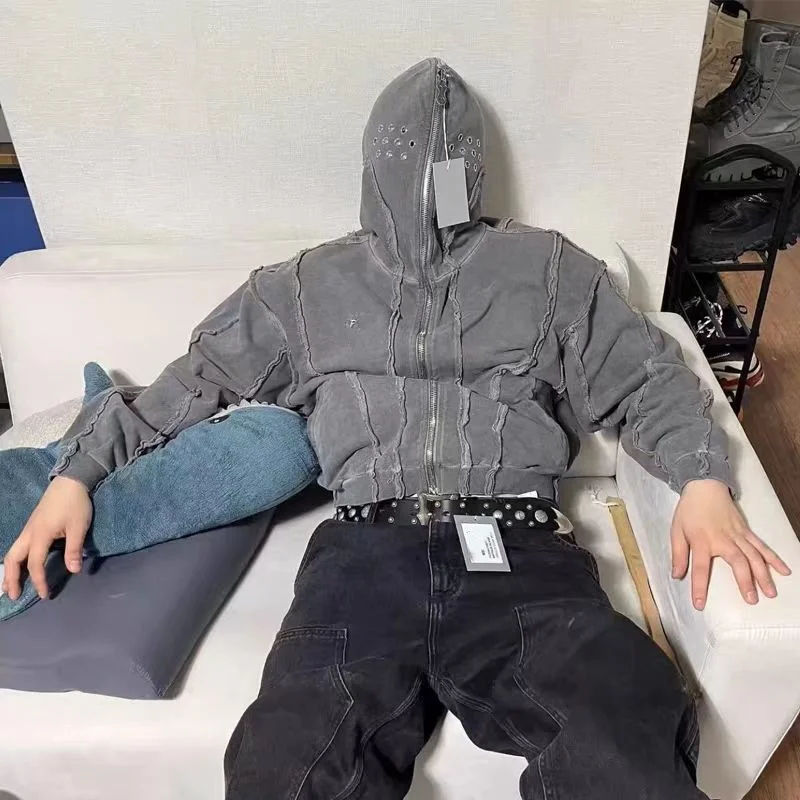 Customized Distressing Lined Full Zip Up Hoodie Vintage Acid Wash Zip ...