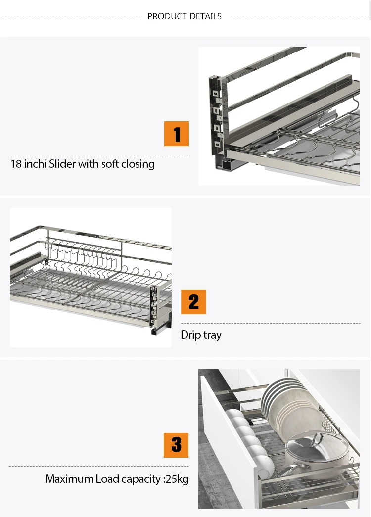 Modern Kitchen Pull Out Dish and Bowl Drawer - 3-Sided Plate Holder