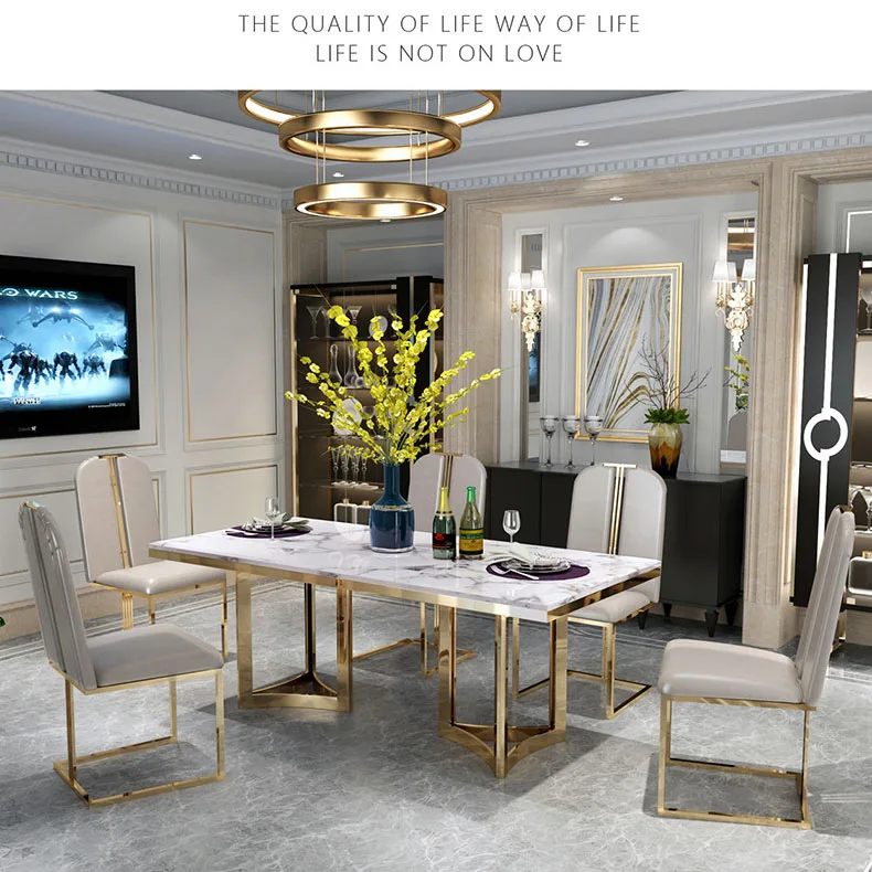 Luxury Marble Dining Table Set with Polished Surface & Golden Legs ...