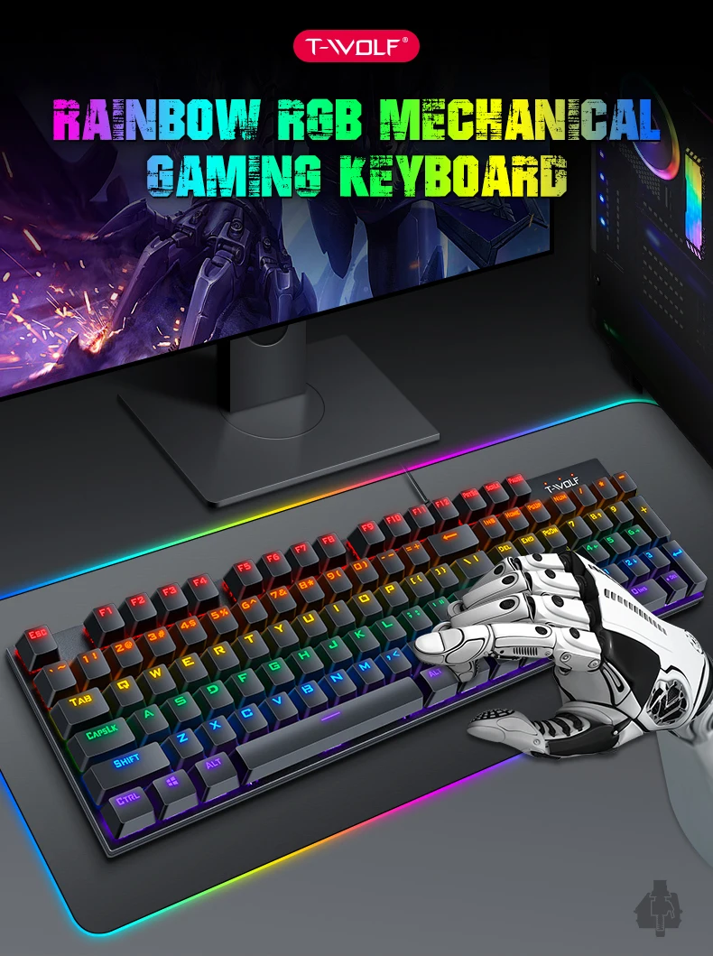 T-WOLF T18 Wired Mechanical Keyboard - Gaming & RGB Light