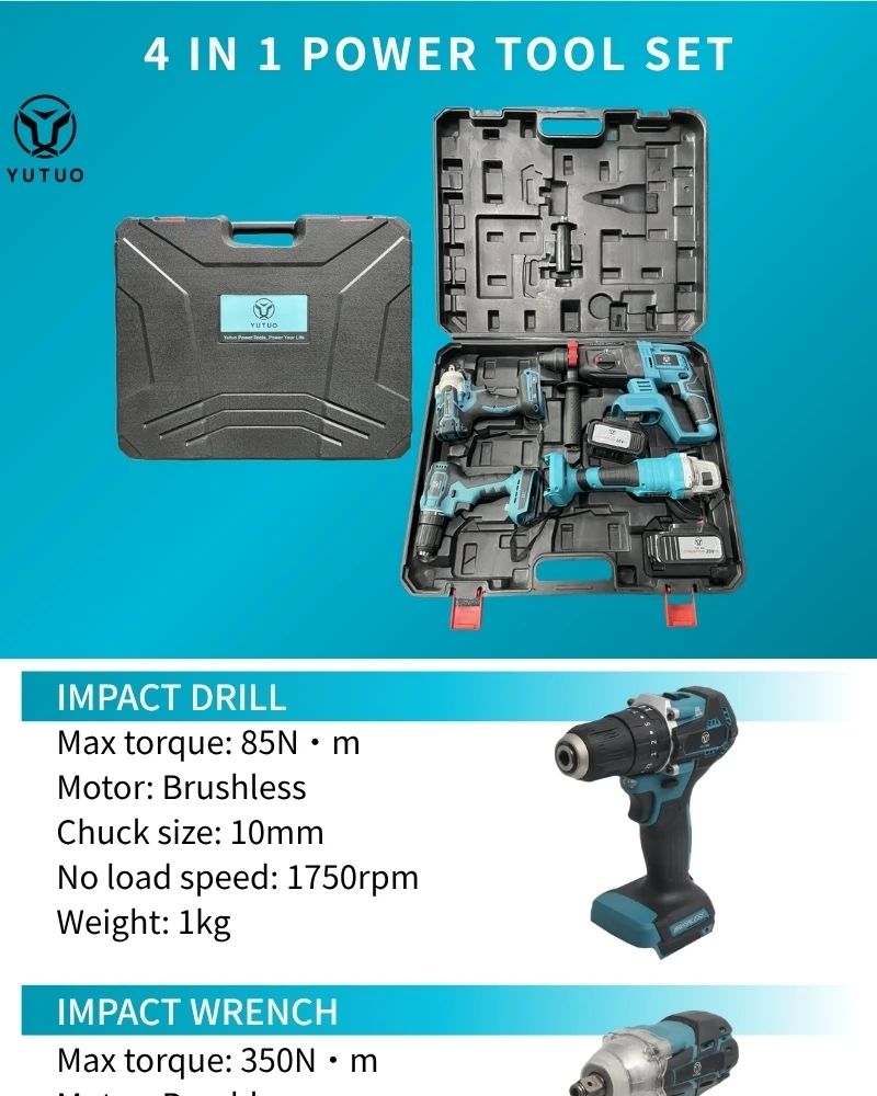 YUTUO Professional 4 in 1 Cordless Brushless Power Tool Set Impact ...