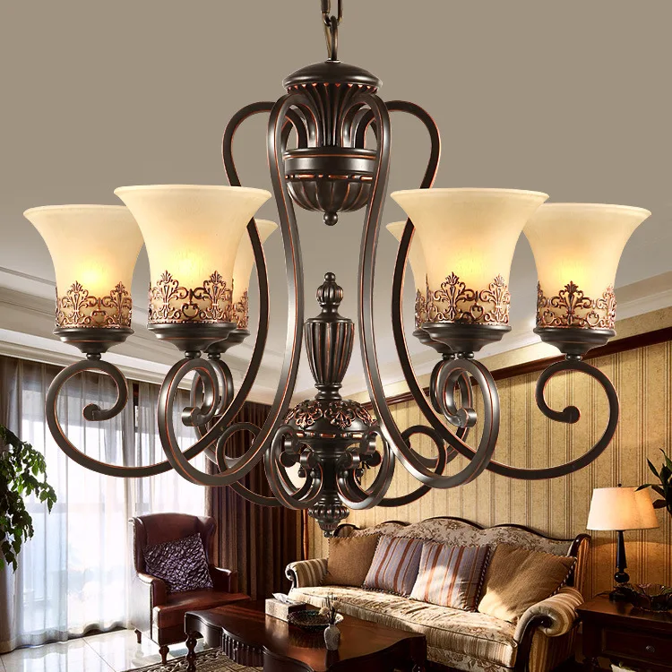 Antique Black Wrought Iron Chandelier - Rustic Bronze Glass