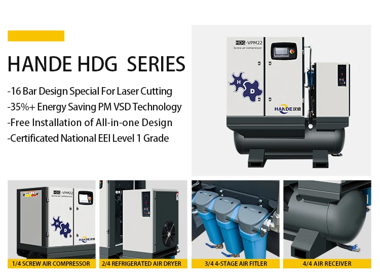 Hande 22kw 30hp 16 Bar Energy Saving Screw Air Compressor All In One ...