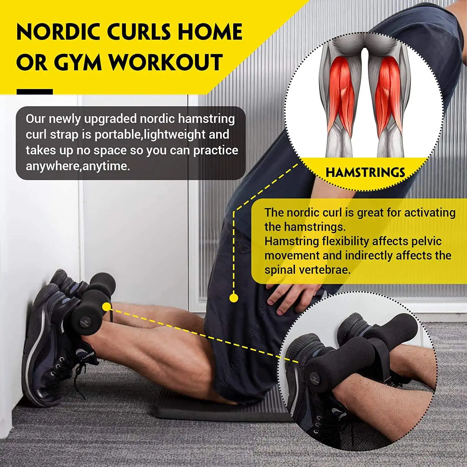 Wellshow Adjustable Nordic Hamstring Curl Strap Spanish Squats Home ...
