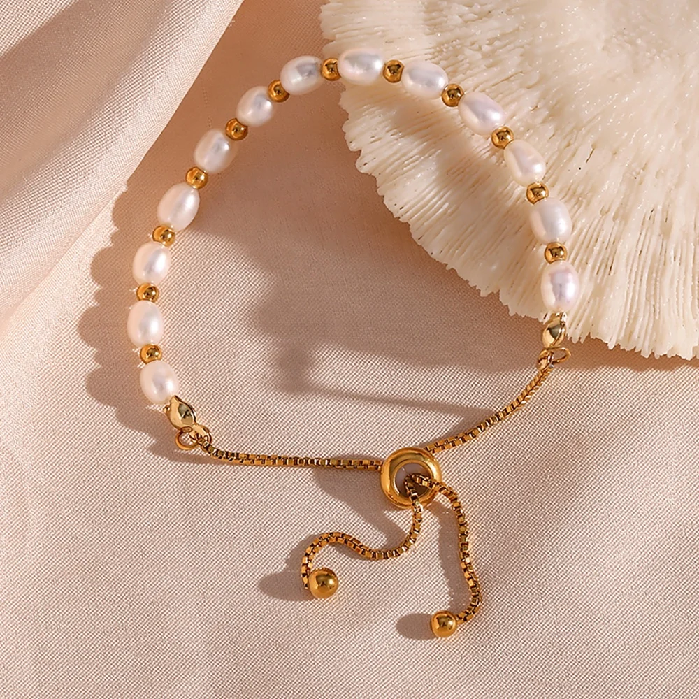 Unique Drawstring Fresh Water Pearl Bead Bracelet 18K Gold Plated