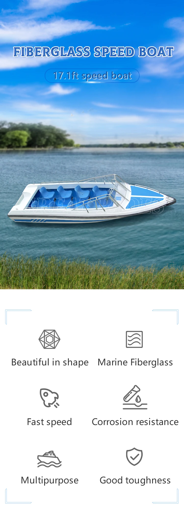 Good Fiberglass Boat For Sport Practical 6 Seats 17.1ft/5.2 Meters ...