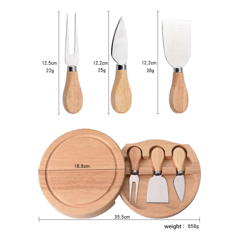 Mini Round Rubber Wood Circle Cheese Board Set With 3 Knives Snack ...