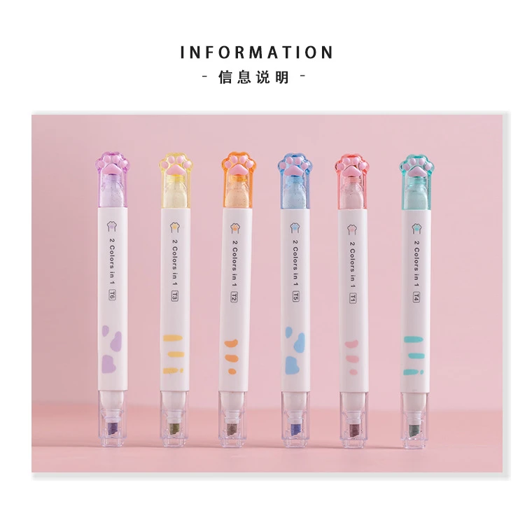 Cat Paw Highlighter Pen Set - 6 Color Dual-tip Markers - Oem
