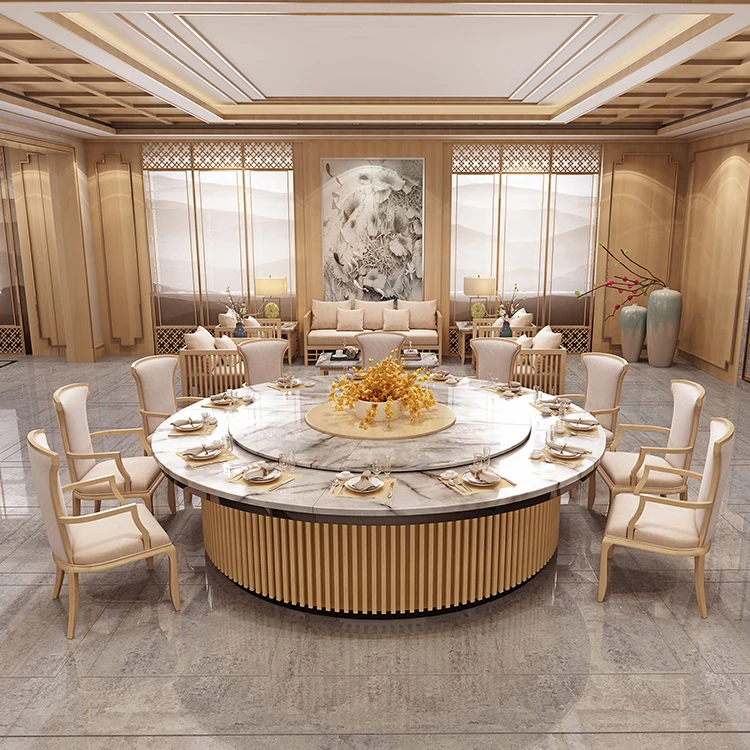 Large Round Automatic Rotatable Real Marble Dining Table Set Commercial ...