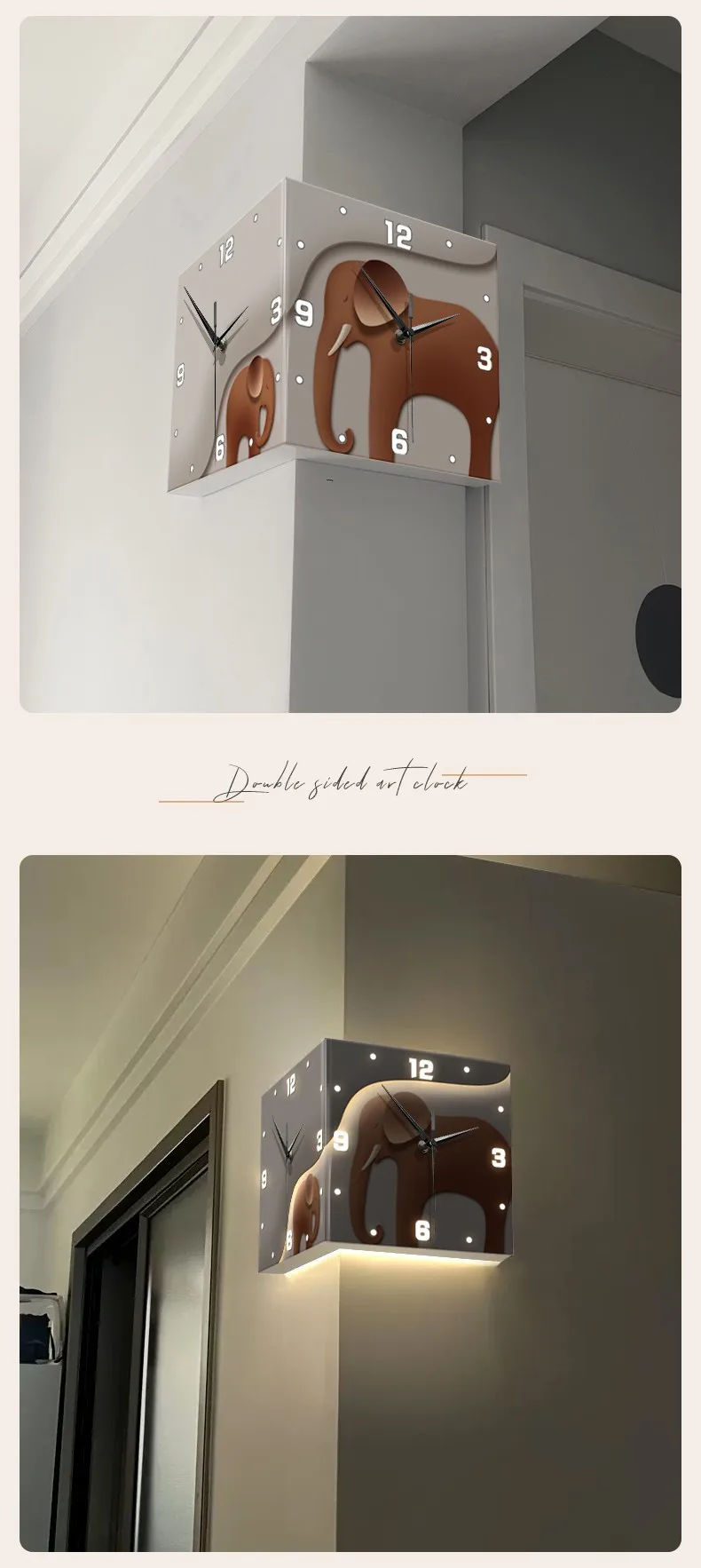 Luminous Corner Clock square Living Room Simple Double-sided Clock Iron ...