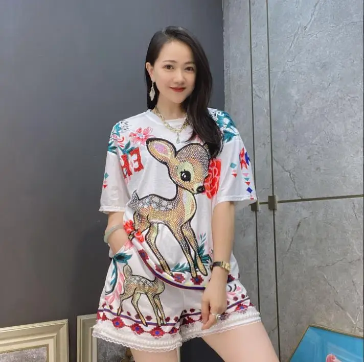 Short-sleeved Top Shorts Set For Ladies Embroidery Hot Drilling Printed ...