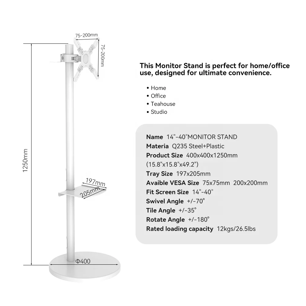 Mobile Black Design Monitor Arm Stand with Shelf & 5 Wheels