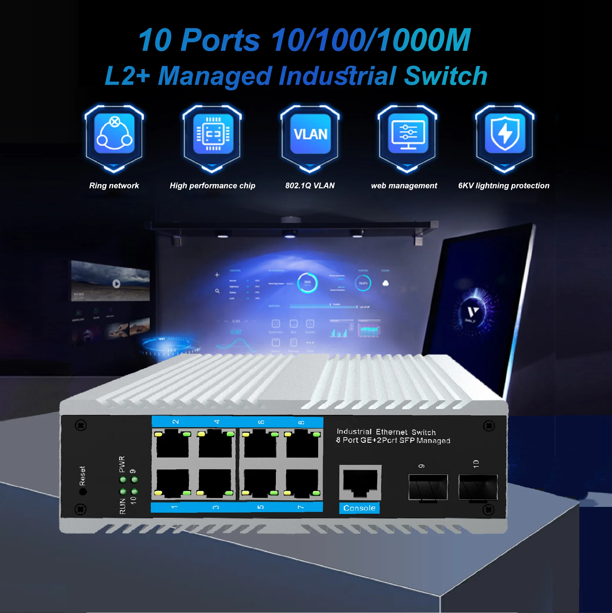 10-Port Gigabit Managed Ethernet Poe Fiber Switch Industrial Network Switch with SNMP and QoS ...