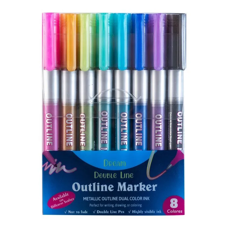 8 Colors Fluorescent Double Lines Outline Highlighter Marker Pen Round ...