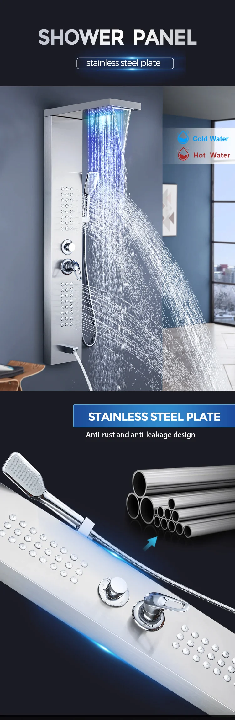 Shower Panel Bathroom Wall Mounted Stainless Steel Waterfall Shower ...