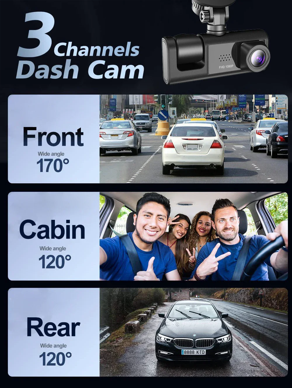 3 Channel 2 Inch HD 1080P Driving Car DVR Recorder Dashcam
