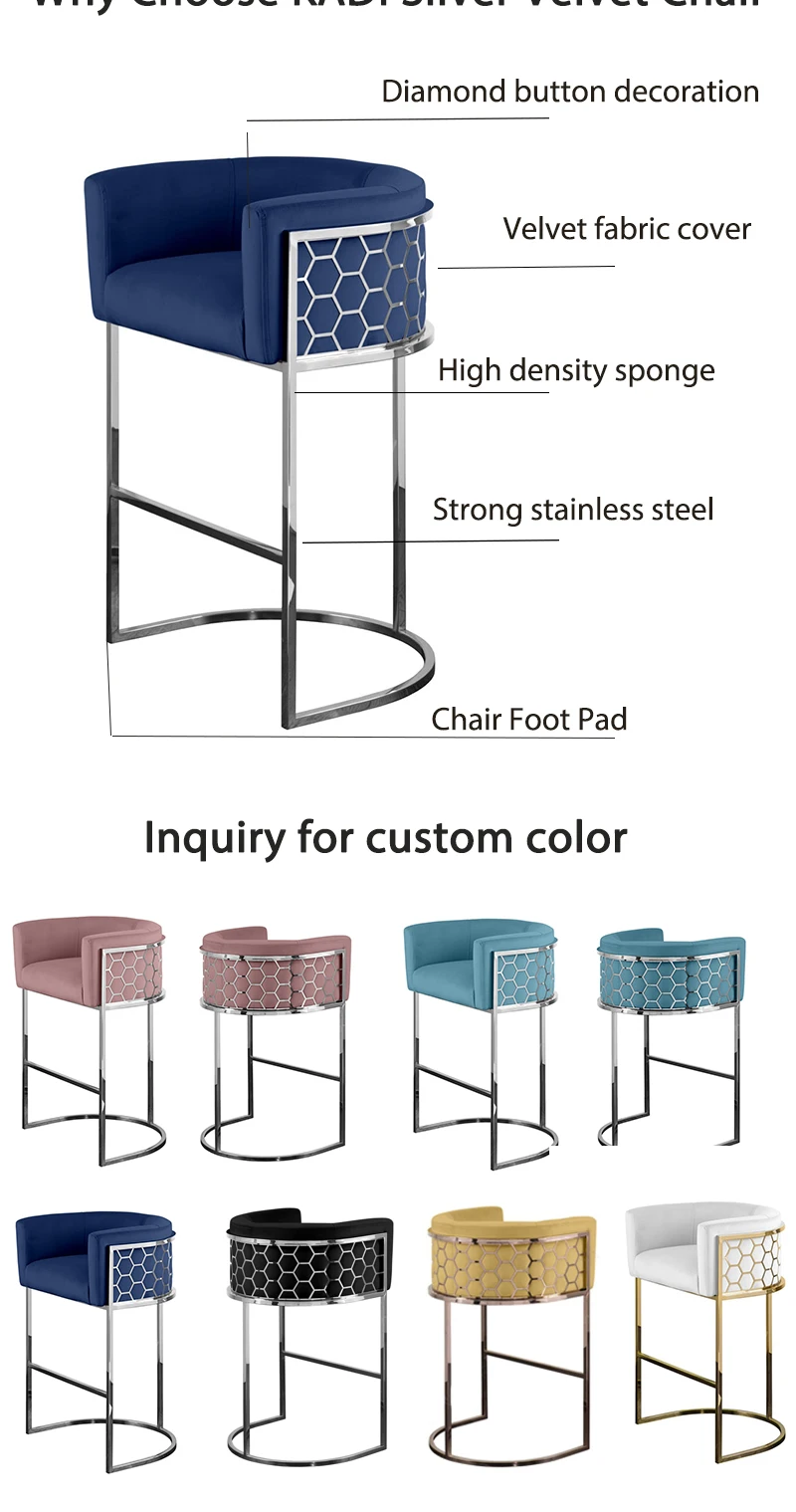 Velvet Upholster Vintage U-shaped Fixed Base Stainless Steel Metal ...