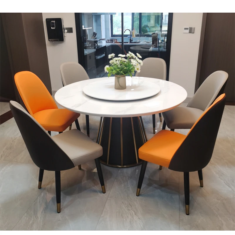 Italian Round Dining Table With Leather Chairs Marble Top Round Dining ...