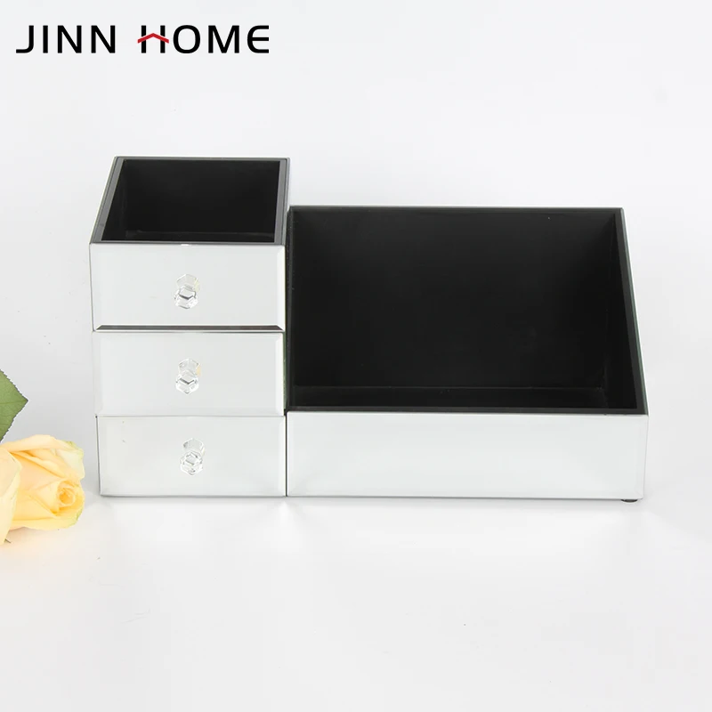 Home Deluxe Silver Mirror Box Organizer Modern Storage For Cosmetic ...