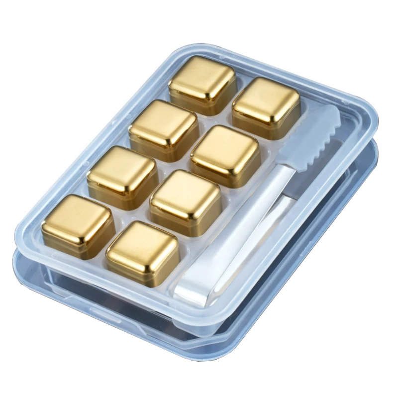 Reusable Stainless Steel 304 Gold Ice Cubes With Ice Tongs Bar Metal ...