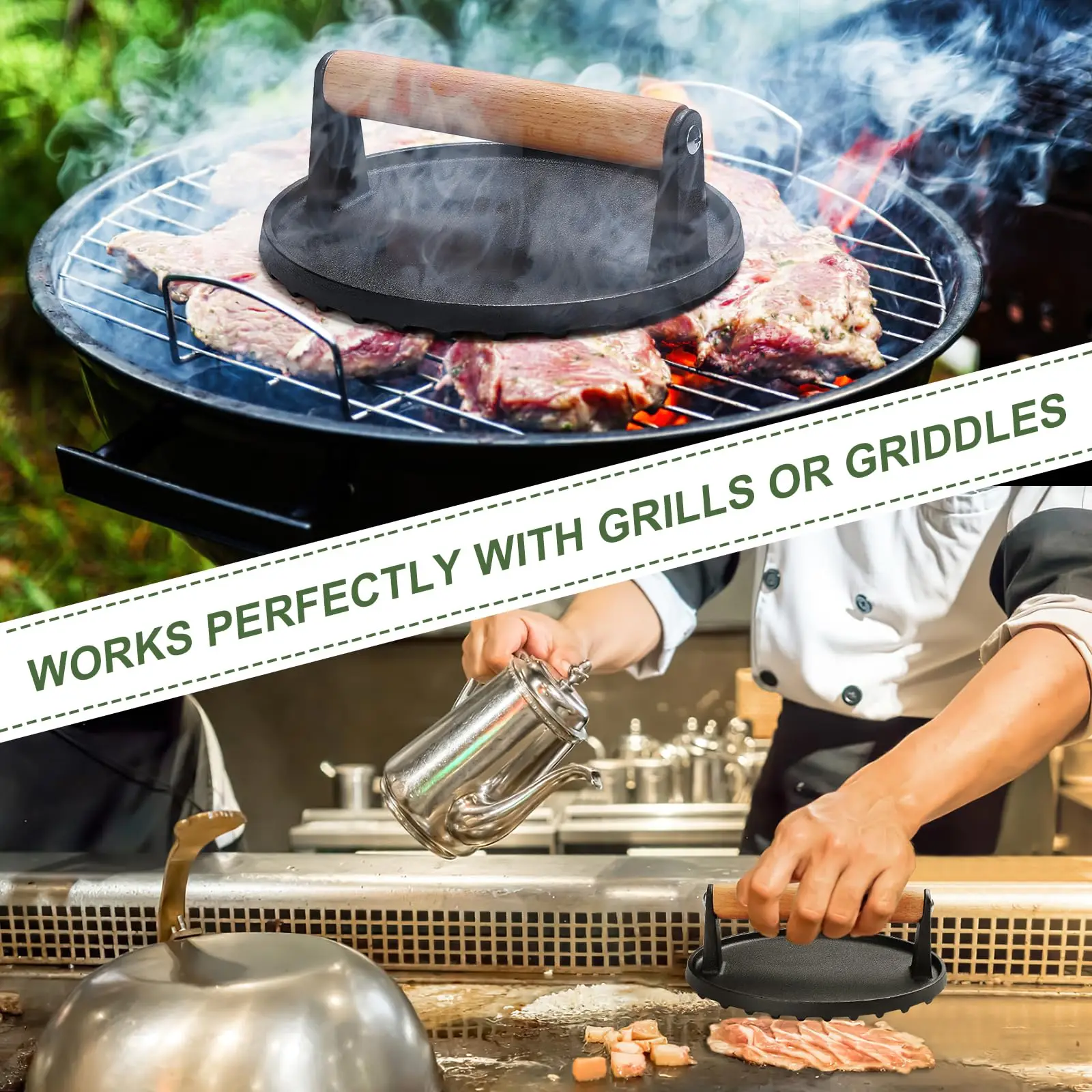 BBQ Burger Smasher Press with Wood Handle - Durable & Efficient