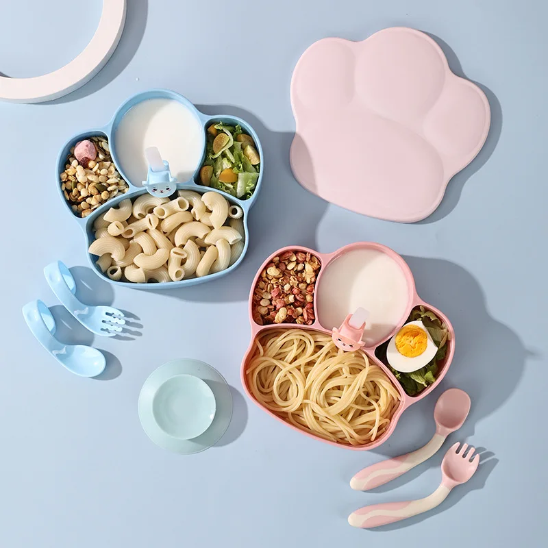 Cute Paw Baby Plate Children's Tableware Set Suction Lunch Box Silicone ...