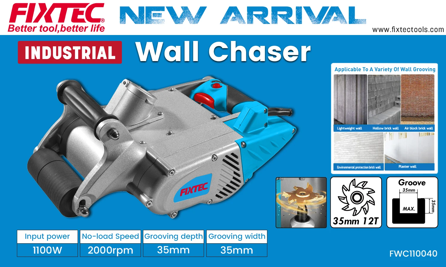 FIXTEC Wall Chaser - 1100W Portable Power Tool for Concrete Cutting