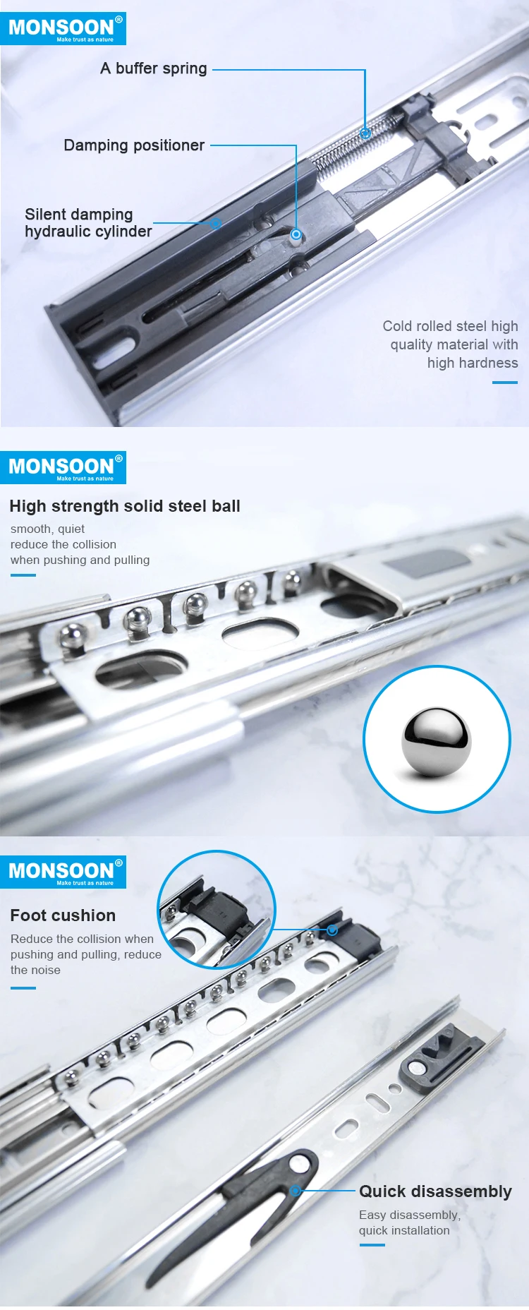 Heavy Duty 45mm Width Telescopic Slides Full Extension Side Mount ...