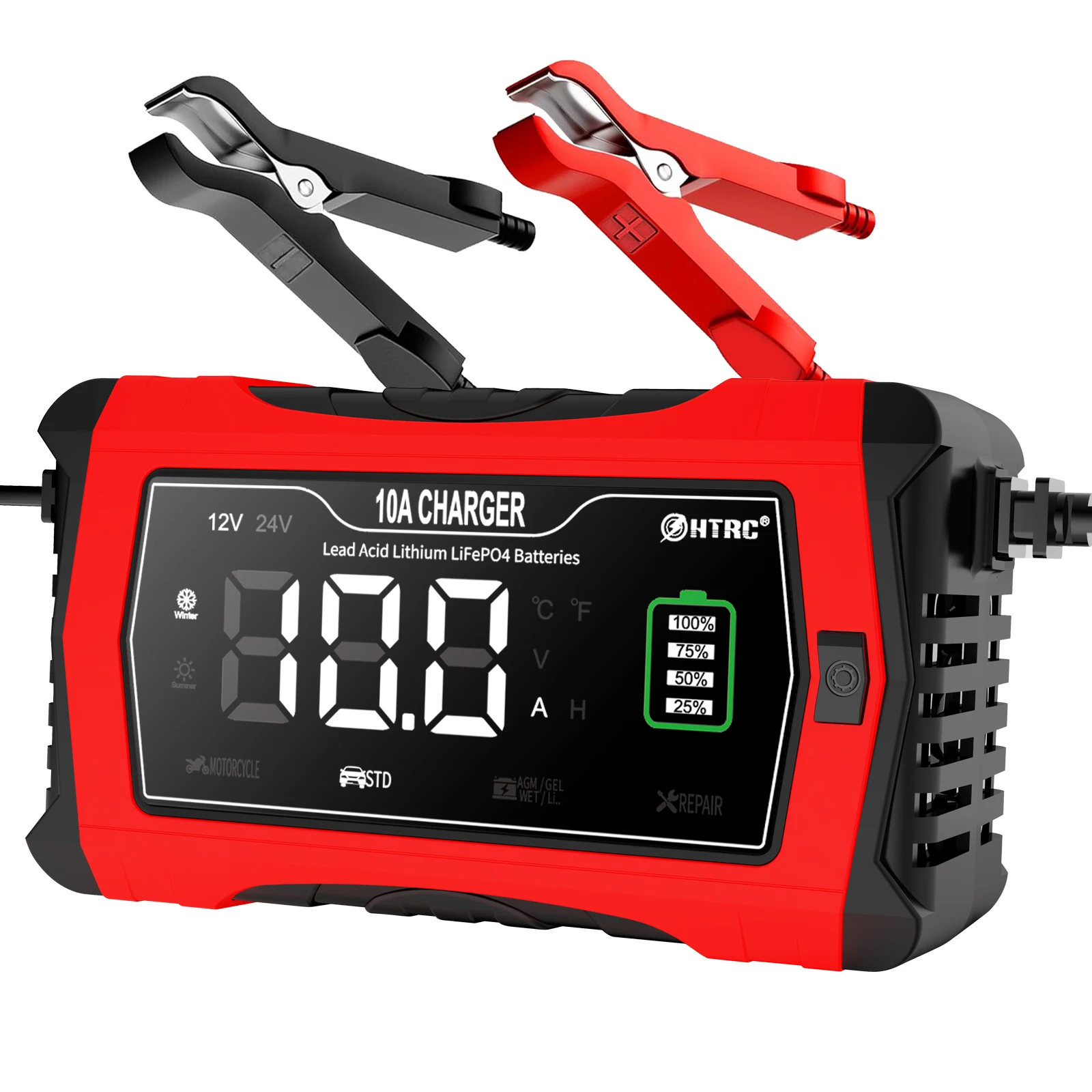 Htrc 12v/24v 10a Car Battery Charger For Lithium Lifepo4 Agm Gel Lead ...
