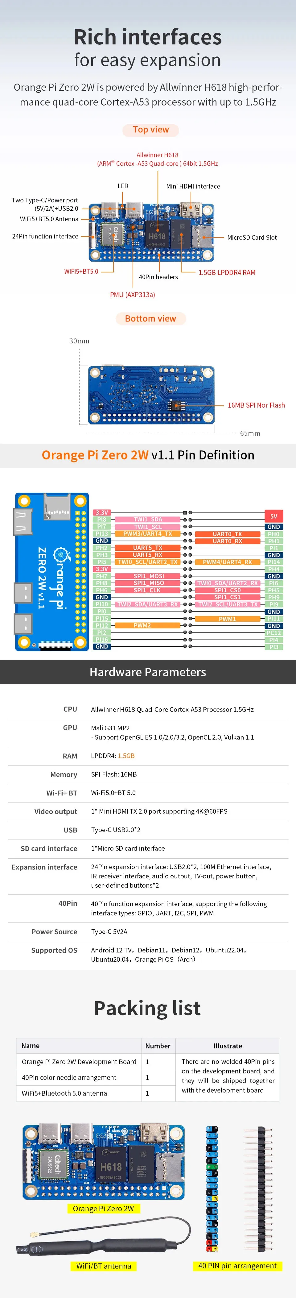 Orange Pi Zero 2 W 1gb/1.5gb/2gb/4gb Ram Ddr4 Mini Pc H618 Orange Pi ...