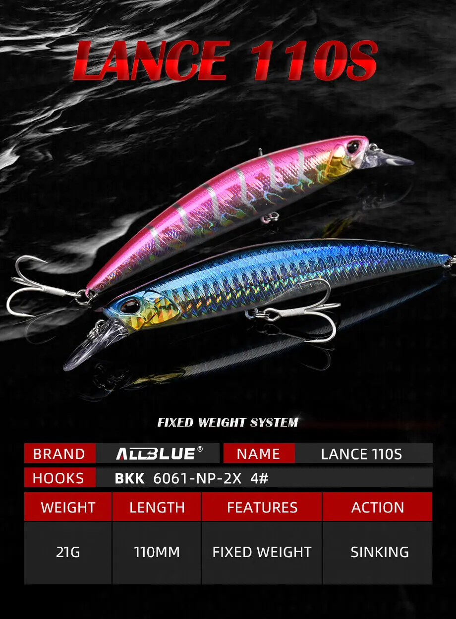 Allblue Lance 110s Heavy Sinking Minnow Fixed Weight Jerkbait Fishing Lure - Buy Fishing Lure ...