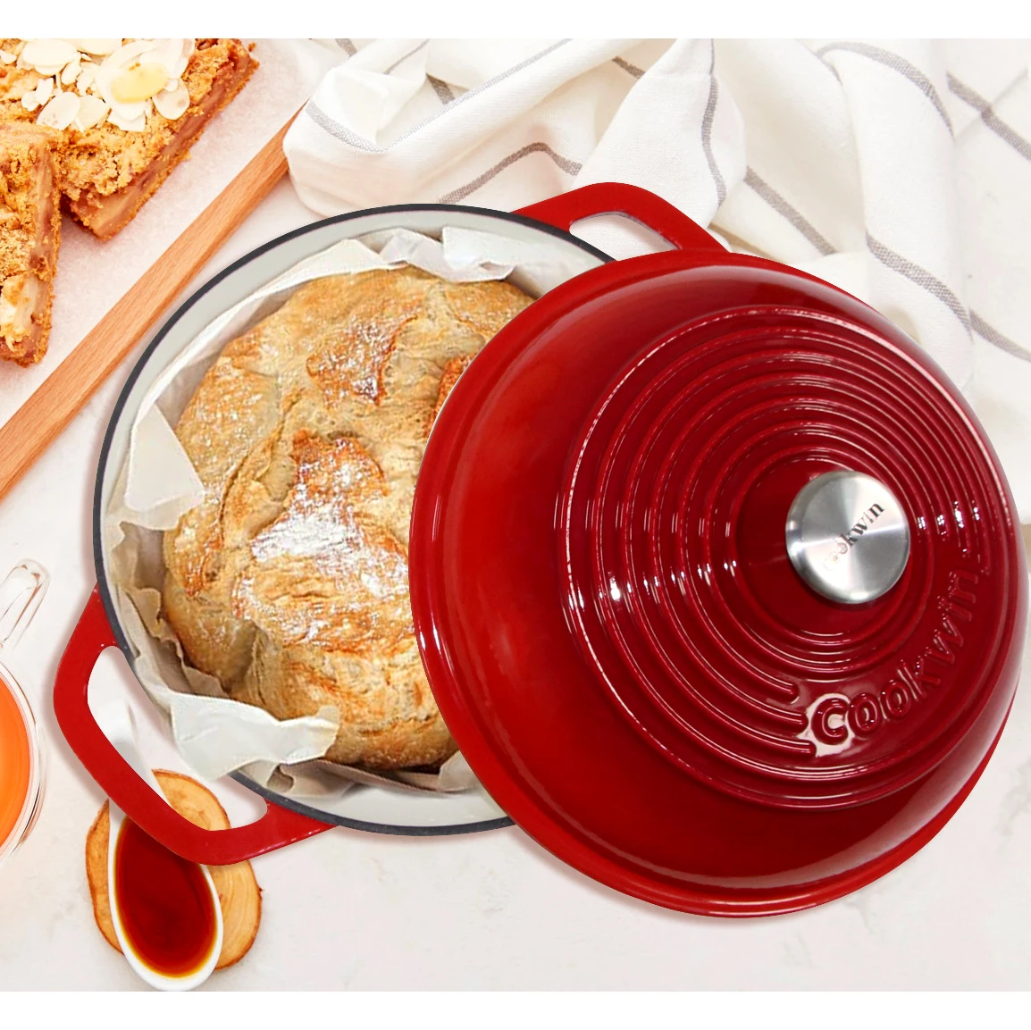 11 Inch Red Enameled Cast Iron Bread Cloche for Homemade Bread Boule ...