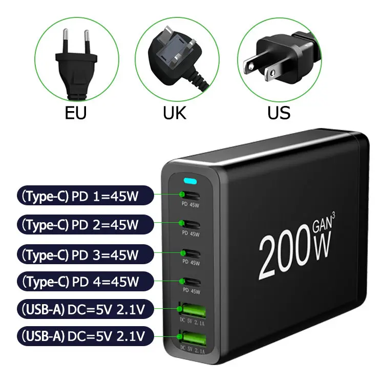 200w Fast Pd Gan Usb C Hub Multiport Travel Adapter 6 In 1 High Power ...