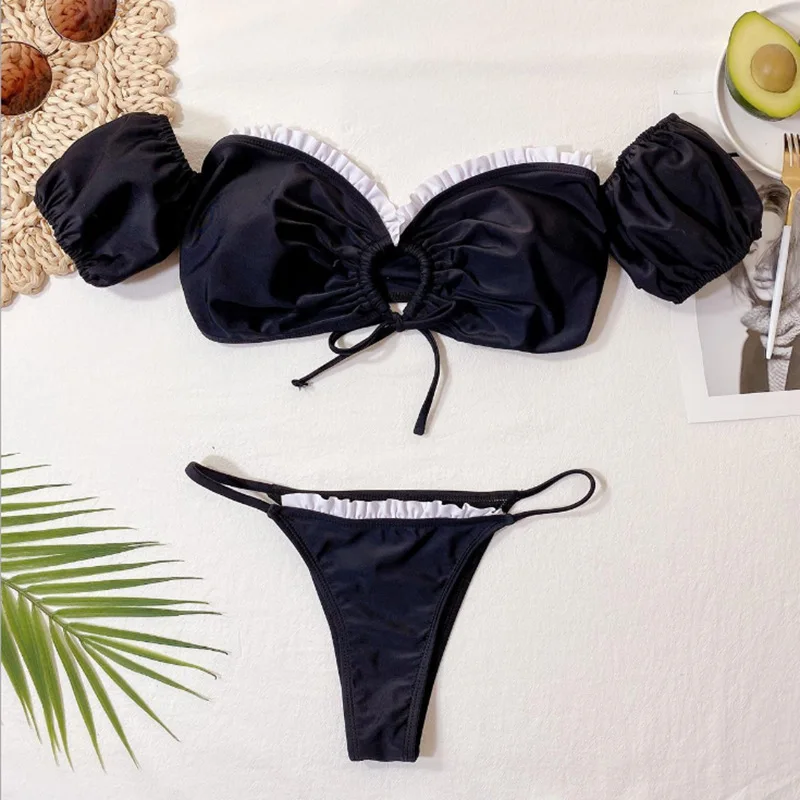 Custom Black Swimsuit - Sexy off-the-Shoulder Swimwear