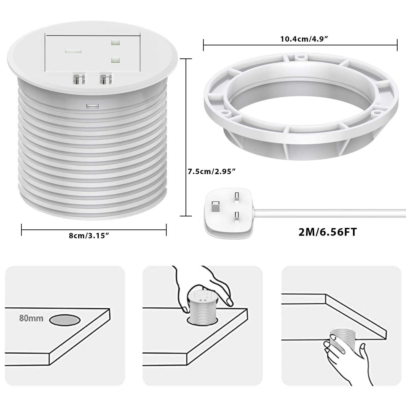 Office UK Recessed Round Grommet Power Outlets Dual USB