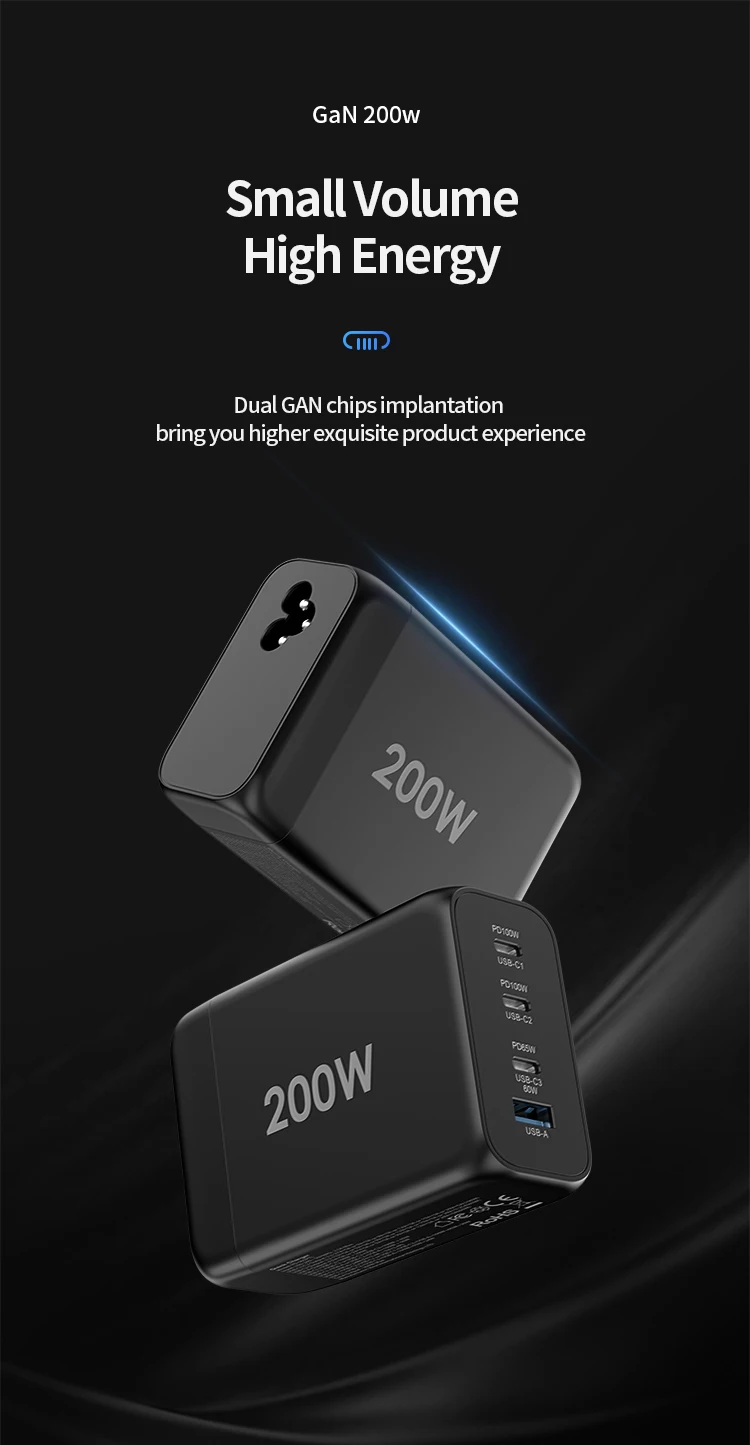 200 Watt Mobile Charger Usb C Pd Super Fast Charger 65 Power Adapter ...