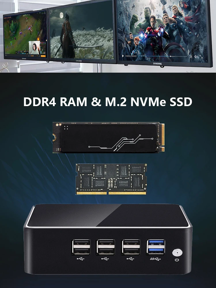 N100 Triple Display Mini PC Black NUC Low Power Consumption Lightweight ...