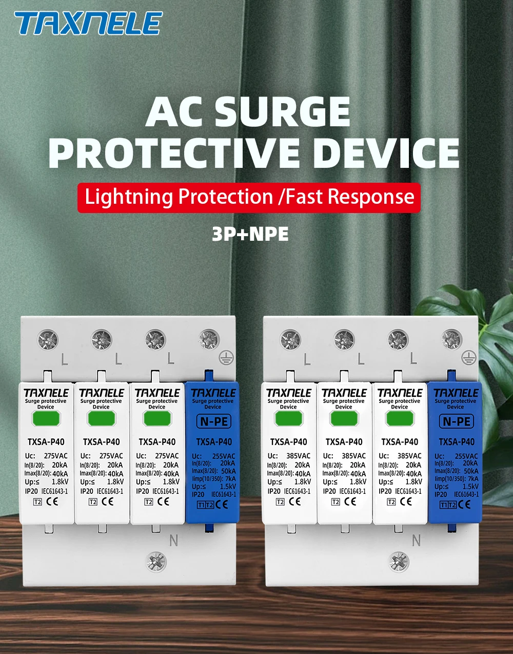 Ac Spd Lightning Arrester 3p+npe 40ka 50ka T1 T2 385v 275v 255v House ...