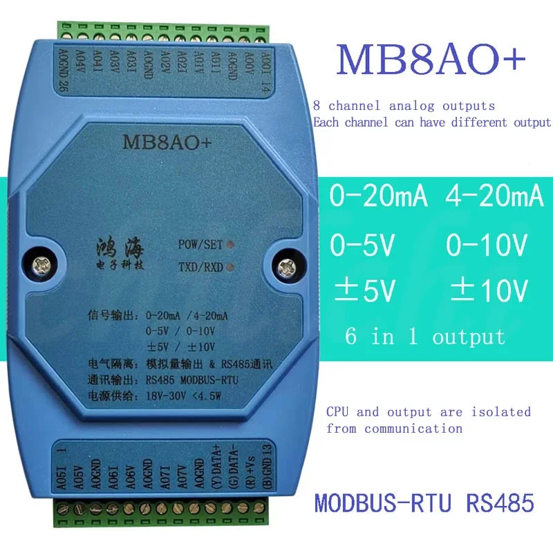 8 Channel Isolated Analog Output Module - RS485 MODBUS