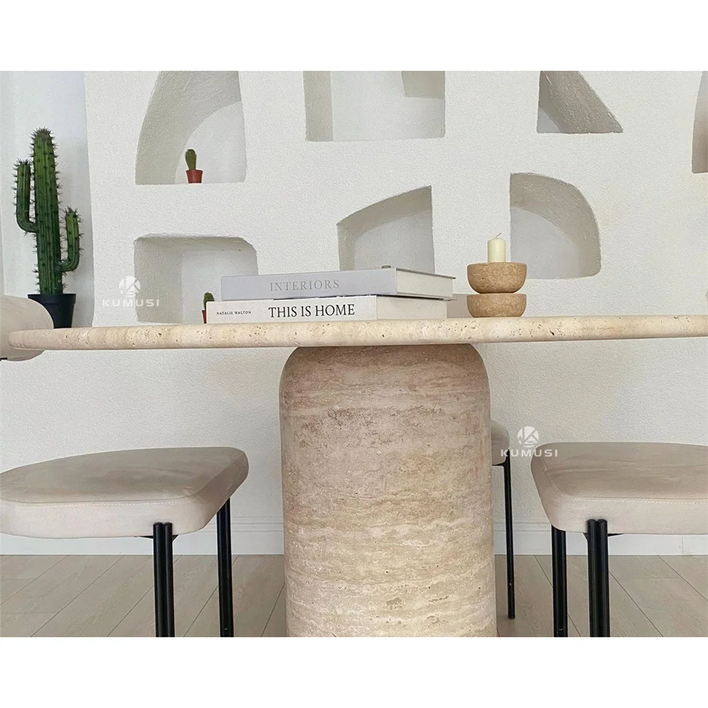 Travertine Single Bullet Leg Dining Table - Modern & Stylish