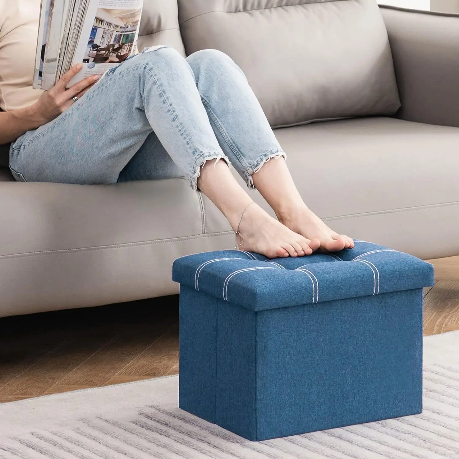 Small Ottoman With Storage Rectangular Footstool Linen Fabric with Soft ...