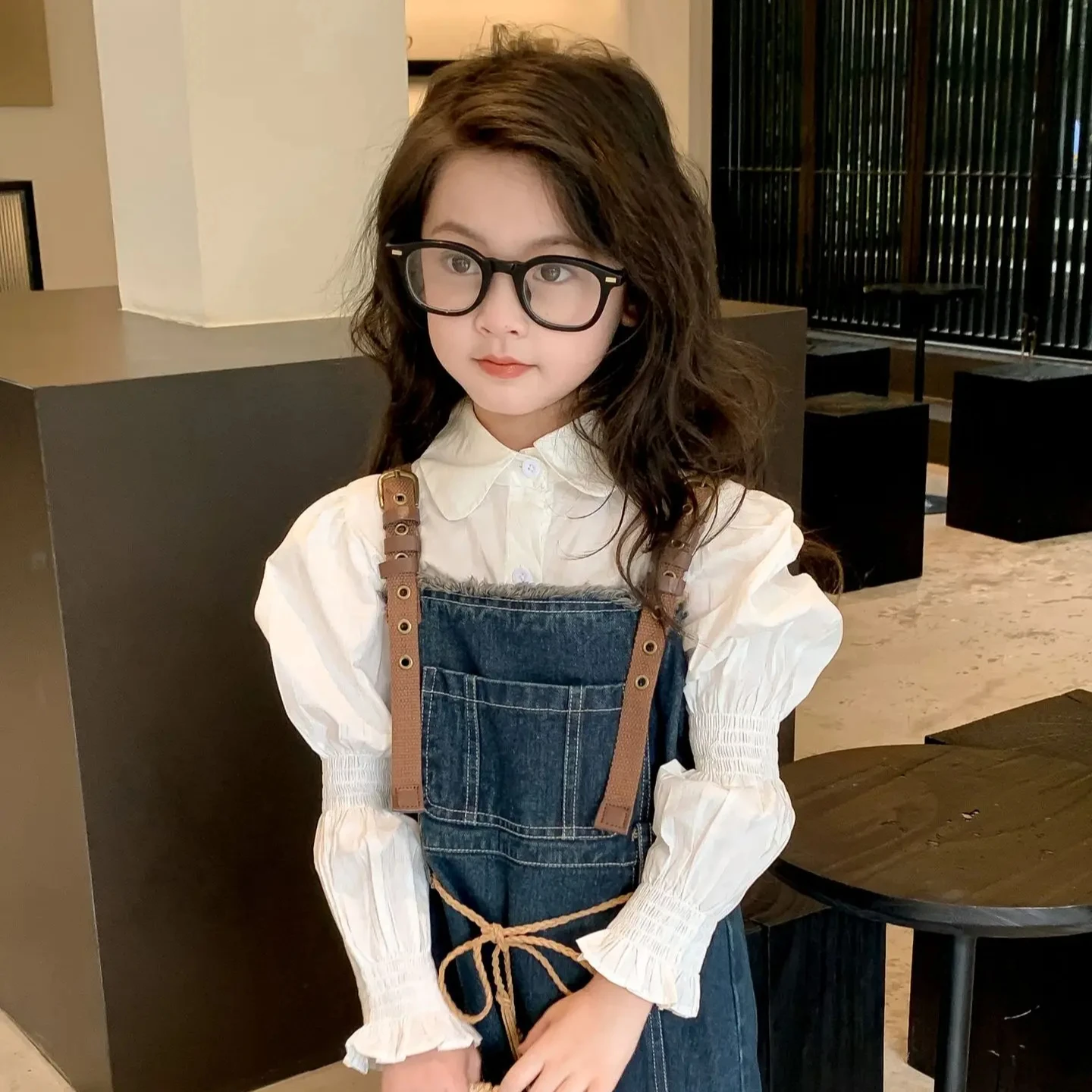 2024 Spring New Girls' White Shirt Denim Suspenders Dress Two-piece Set ...
