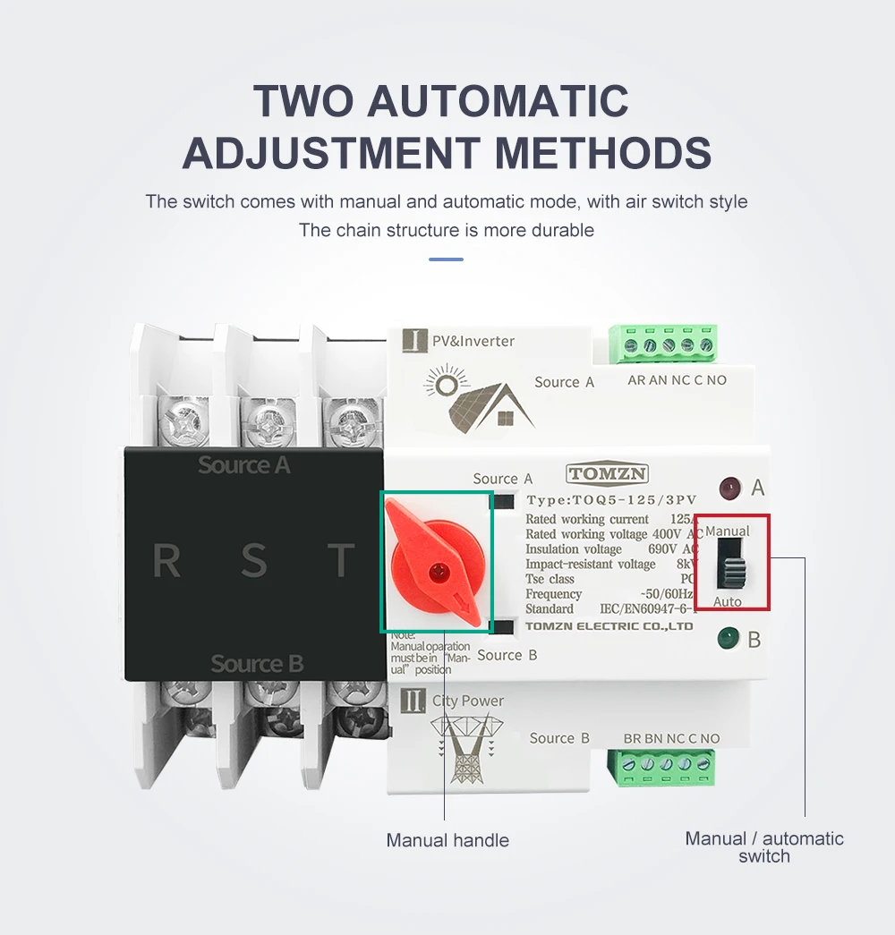 3P 3 Phase Din Rail ATS for PV and Inverter Dual Power Switches
