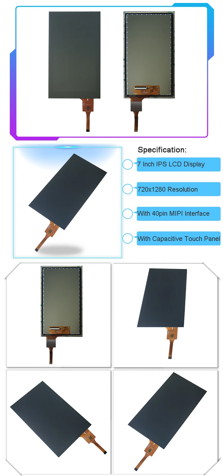 7 Inch 720X1280 MIPI DSI 40pin LCD Display with Touch Screen