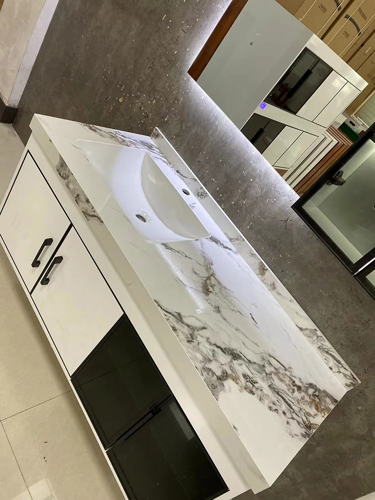 New LED Lighted Marble Wash Basin PVC Bathroom Cabinet with Mirror ...