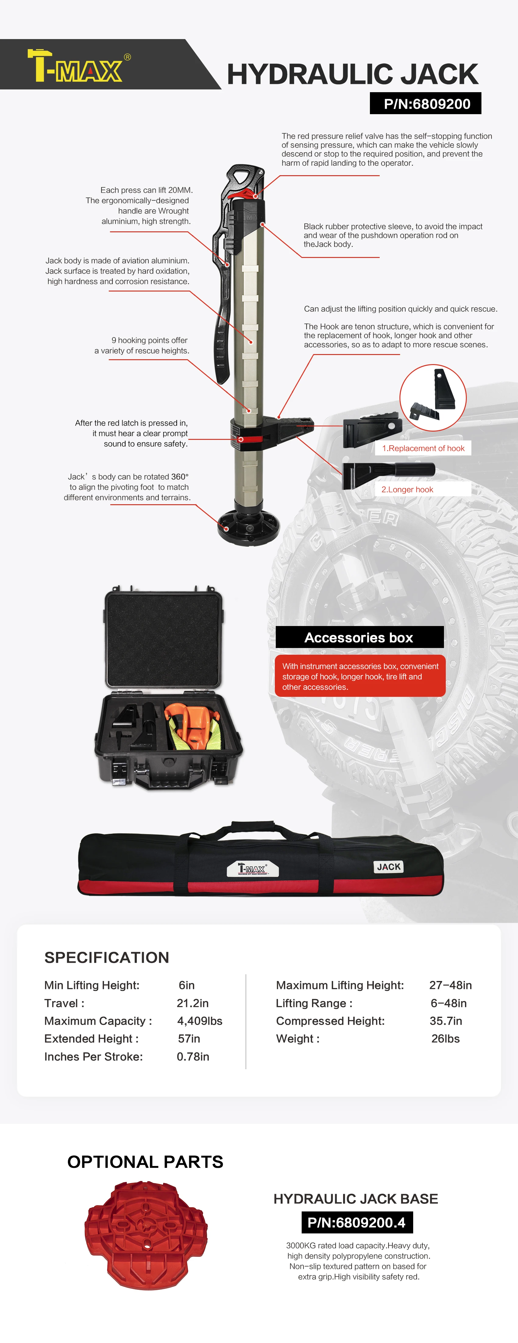 T-max High Lift Hydraulic Recovery Long Ram Jack - 2 Ton Load Capacity ...