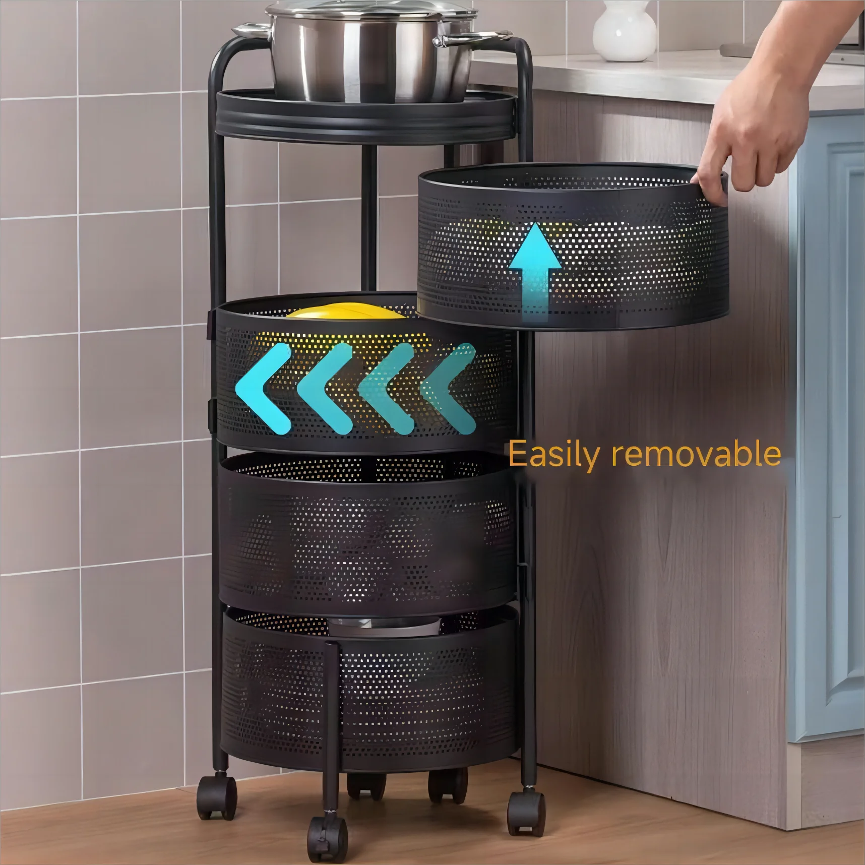 Large Capacity Movable Circular Shelf Detachable Vegetable Fruit Basket ...